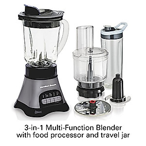 Hamilton Beach Blender and Food Processor Combo, Portable Blend-In Travel Cup, Shakes and Smoothies, 40oz Jar & 3-Cup Vegetable Chopper, Grey & Black (58163)