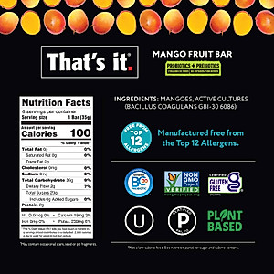 That's it. Probiotic Fruit Bar Variety Pack, Mango & Blueberry Flavors, Just Real Fruit + Probiotics, 100 Calories Per Bar, All Natural, 2-3 Ingredients, Shelf Stable, Allergy-Friendly (12 Count)