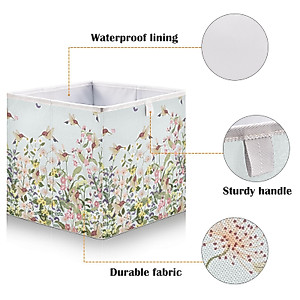 FUGIDOG 11x11x11 inch Fabric Storage Bins Flowers Hummingbirds Foldable Storage Cubes Baskets with Handles Clothes Toys Storage Box for Nursery Closet Shelves Organizer