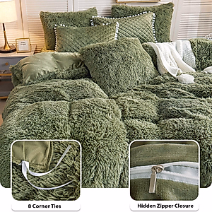 LIFEREVO Luxury Plush Shaggy Duvet Cover Set, Soft Fluffy Furry Duvet Cover Set(1 Faux Fur Fuzzy Comforter Cover+2 Pom Poms Velvet Pillowcases)Solid Bedding Set, Zipper Closure(Full/Queen, Sage Green)