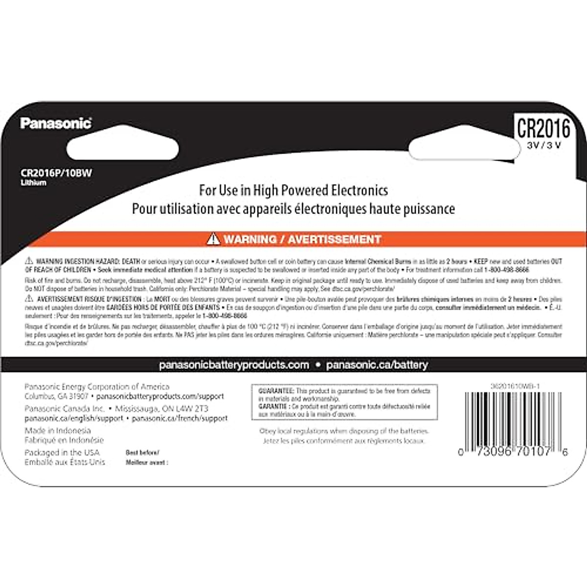 Panasonic CR2016 3.0 Volt Long Lasting Lithium Coin Cell Batteries in Child Resistant, Standards Based Packaging, 10-Battery Pack