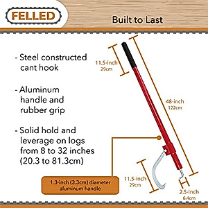 Felled Large Log Cant Hook - 48in Tree Log Roller with Aluminum Handle for Moving Logs Between 8in and 32in Diameters