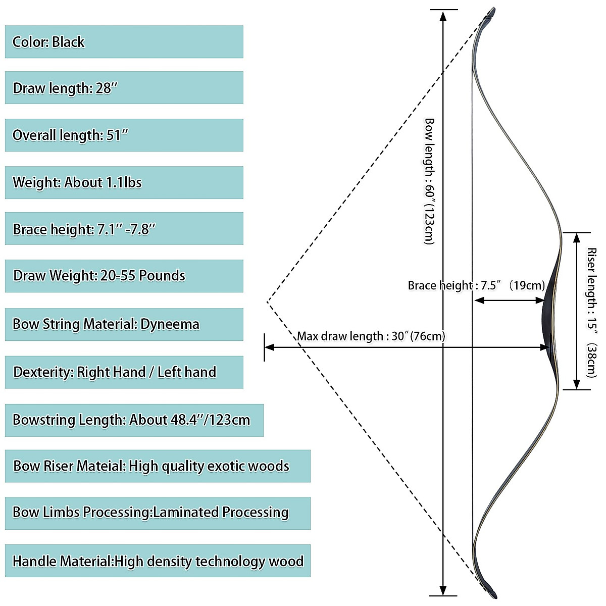 OBTOUTDOOR Black Hunter Recurve Bow 20lbs-55lbs 51Inches Traditional Handmade Wood Recurve Bow for Archery Hunting Recurve Bow