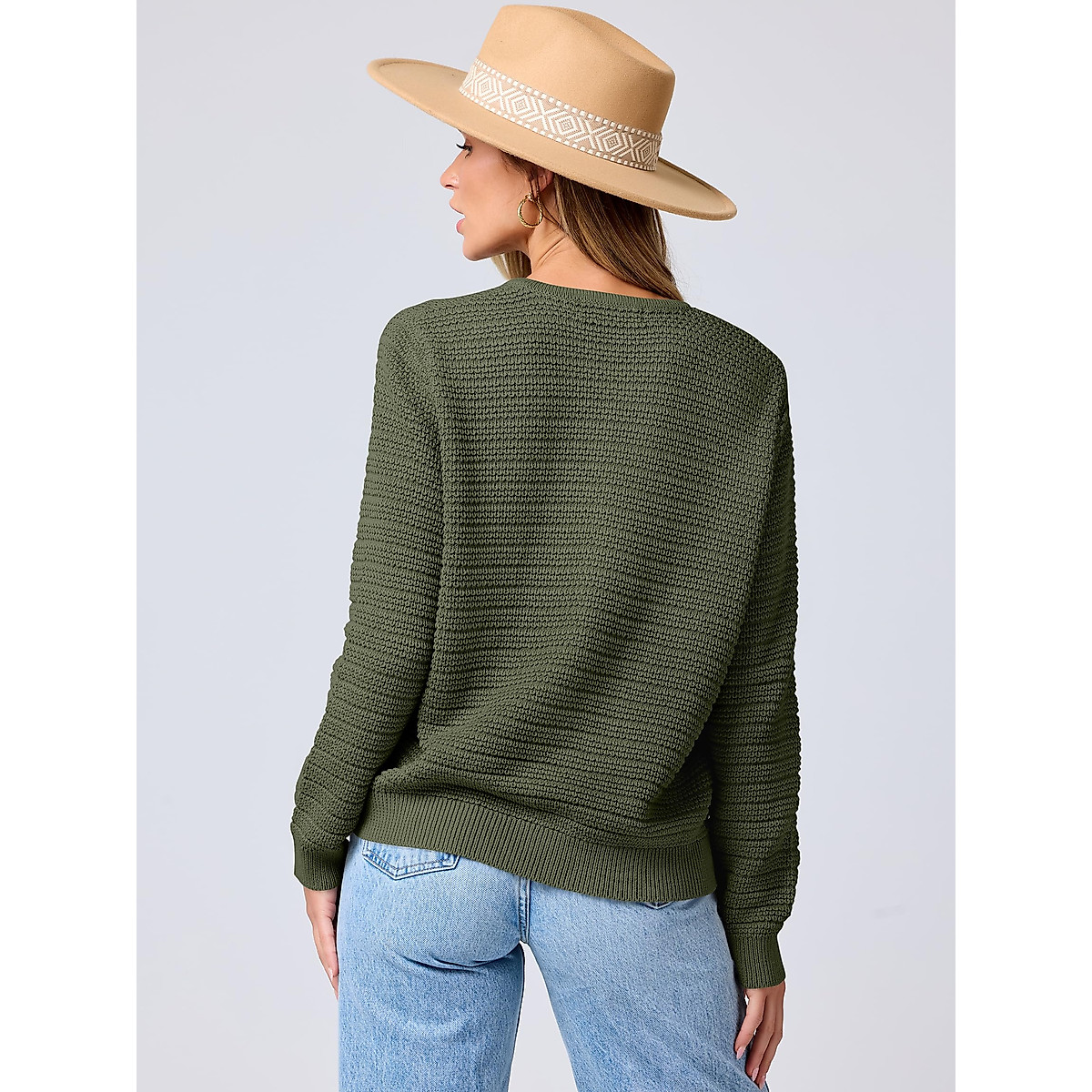 ANRABESS Women's Tweed Knit Cardigan Sweater Casual Long Sleeve Cropped Button Down Lady Jackets 2025 Spring Fashion Outwear Army Green Medium