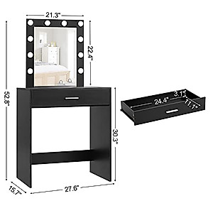 Reettic Makeup Vanity Table with Lighted Mirror, Vanity Desk with Drawers, Bedroom Dressing Table,9 LED Blubs & Adjustable Brightness, for Women, Mother, Girls, Black RSZT102B