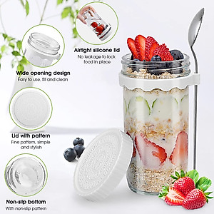 Overnight Oats Jars Containers with Silicone Lid and Spoon 16 oz,for Oats Yogurt,Milk,Fruit,breakfast,Leak-Proof Reusable Portable with Measurement Marks Food Storage Container-2 White