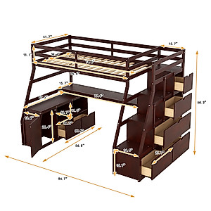 Twin Loft Bed with Desk & Storage Stairs Wood Loft Beds with Cabinet and 7 Drawers and 2 Shelves High Loft Bed Frame with Step for Kids, Juniors, Teen, Boys, Girls, Espresso, Twin Size