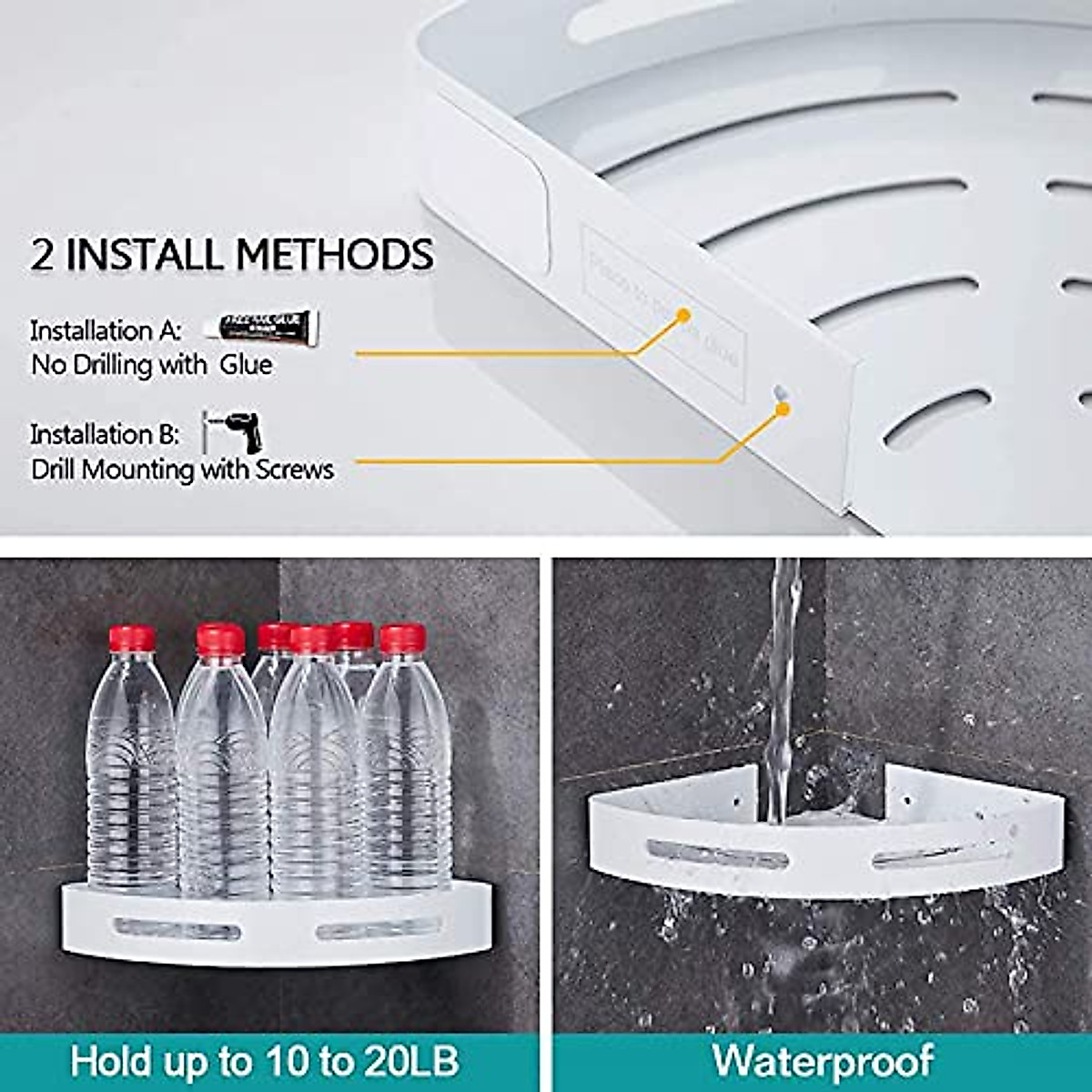 FHGH 2 Pack Bathroom Corner Shelves, Shower Shelf Corner Shelf No Drilling Shower Basket Caddy Shower Organiser Storage Corner Adhesive Aluminum Wall Mounted with Hooks,Black