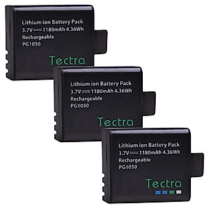 Tectra 3-Pack PG1050 Battery and LCD Dual Charger for 4k Action Camera AKASO EK7000, Brave 4, Dragon Touch 4K, APEMAN, EKEN, Campark, SOOCOO, DBPOWER, Crosstour