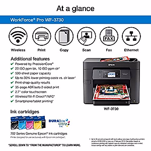 Epson WorkForce Pro WF-3730 All-in-One Wireless Color Printer with Copier, Scanner, Fax and Wi-Fi Direct,Black,10-1/2 x 7-1/2 x 6-1/2 in