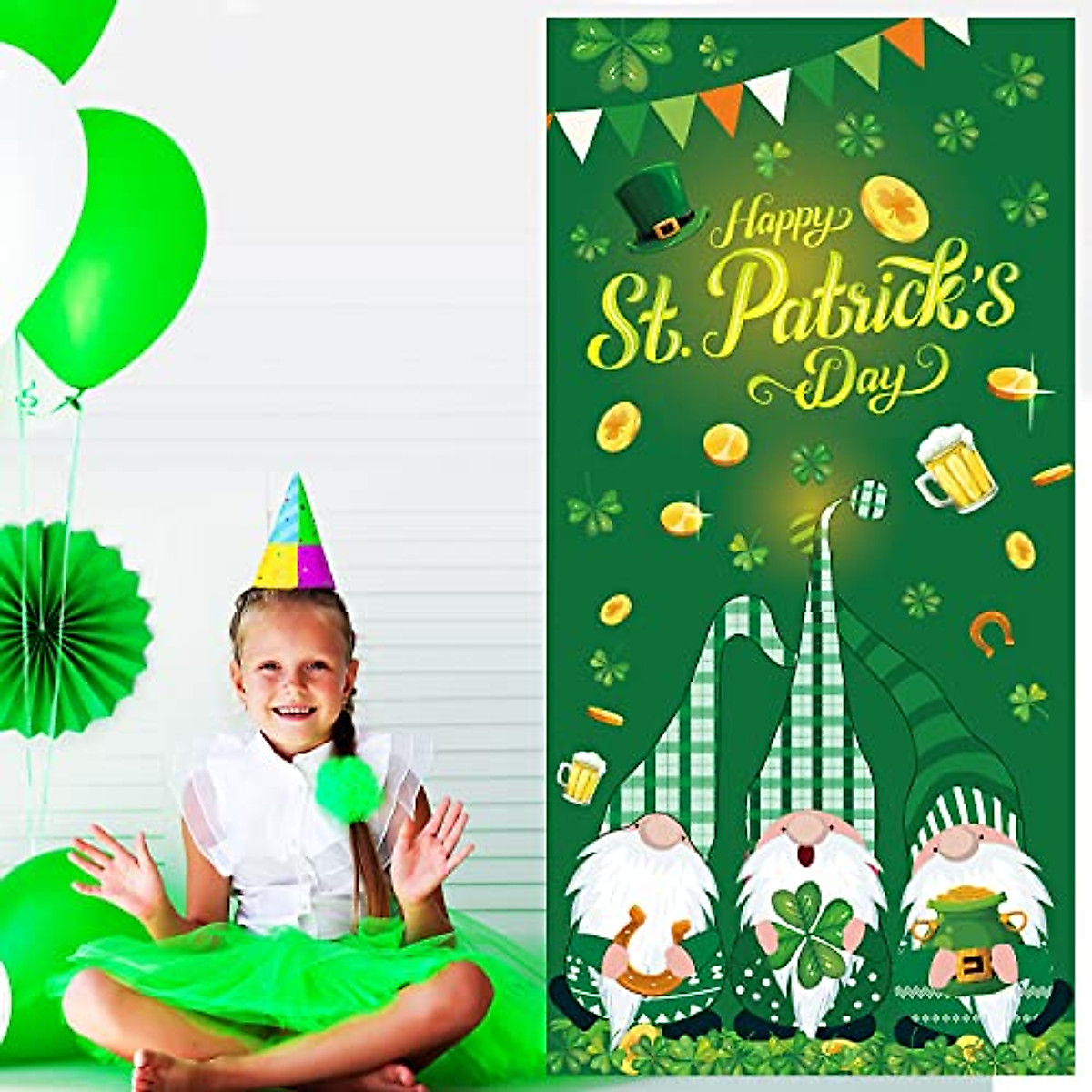 Happy St. Patrick's Day Door Cover Saint Patricks Gnome Banner Green Shamrock Decorations St Patricks Day Theme Banner Sign Irish Luck Day Outdoor Indoor Backdrop for Party Home Decorations Supplies