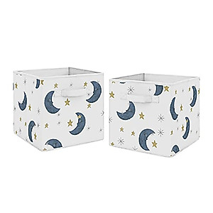 Sweet Jojo Designs Moon and Star Foldable Fabric Storage Cube Bins Boxes Organizer Toys Kids Baby Children's - Set of 2 - Navy Blue and Gold Watercolor Celestial Sky Gender Neutral Outer Space Galaxy