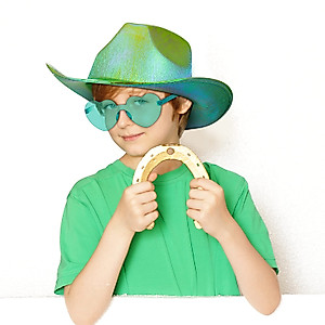 12 Pcs Holographic Space Cowgirl Hat with Rimless Sunglasses Neon Sparkly Cowboy Hat and Heart Sunglasses for Women Men Party(hot pink, pink, purple, blue, green and white)