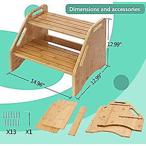 AMBIRD Wooden Step Stool, Two Step Stools Toddler 300 lbs Capacity with Safety Non-Slip Pads and Handles, Bamboo Step Stool for Bathroom, Kitchen Step Stools Dual Height Step Stools for Kids (Natural)
