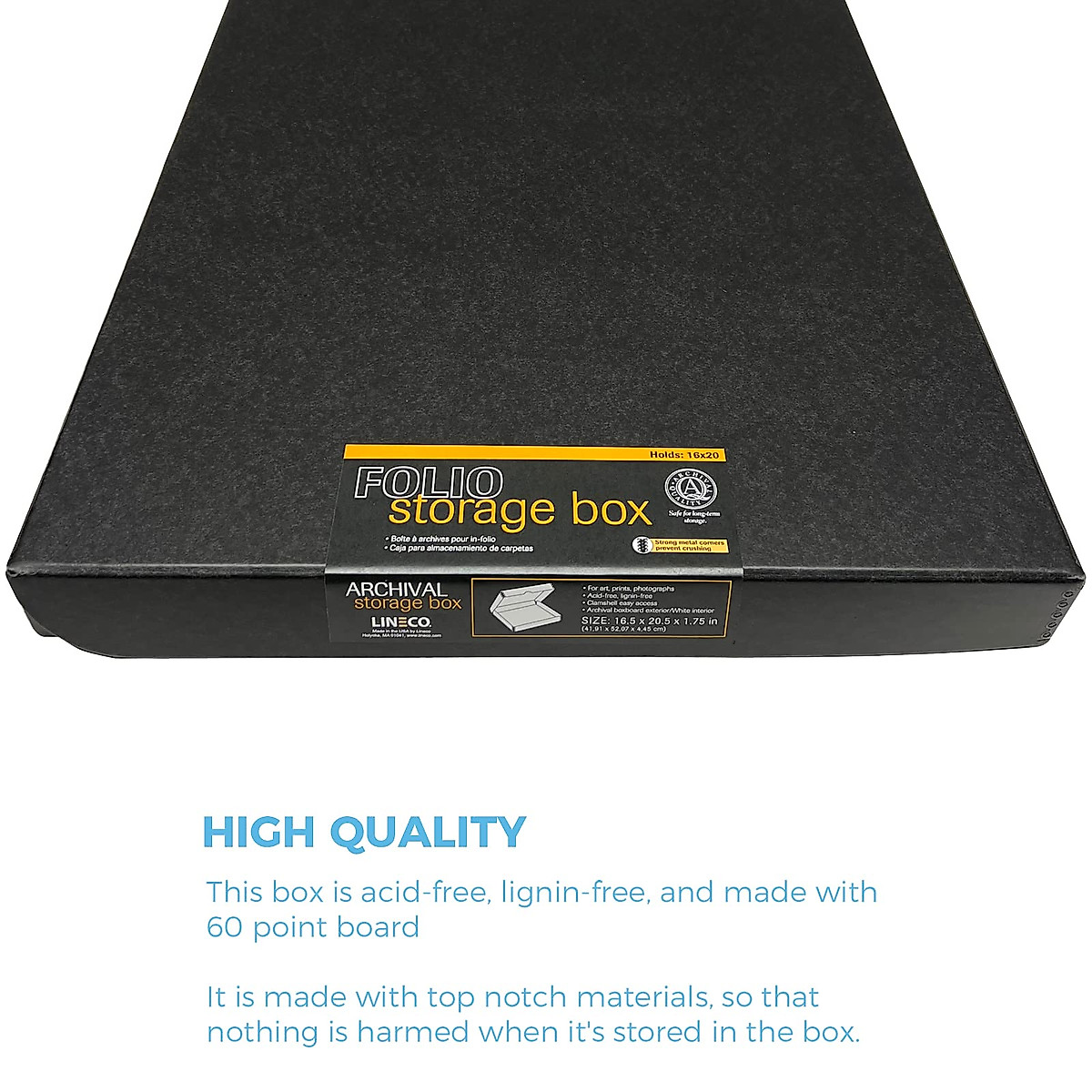 Lineco Clamshell Folio Storage Box, 16.5" x 20.5" x 1.75" Prints, Metal Edge Archival Boxboard, Color: Black