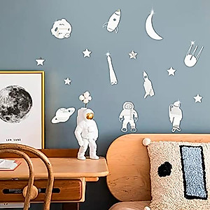 14Pcs Astronaut Space Rocket Mirror Wall Decal Stickers, Outer Space Planet Wall Decals, 3D Acrylic Space Bedroom Decor, Spaceman Spacecraft Vinyl Wall Art DIY for Boys Girls Room, Silver