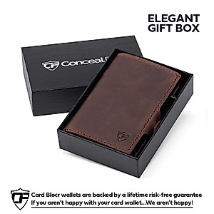 Conceal Plus Wallet for Men, Pop Up Wallet Credit Card Holder - RFID Blocking, Slim Minimalist Credit Card Case (Distressed Brown Genuine Leather)