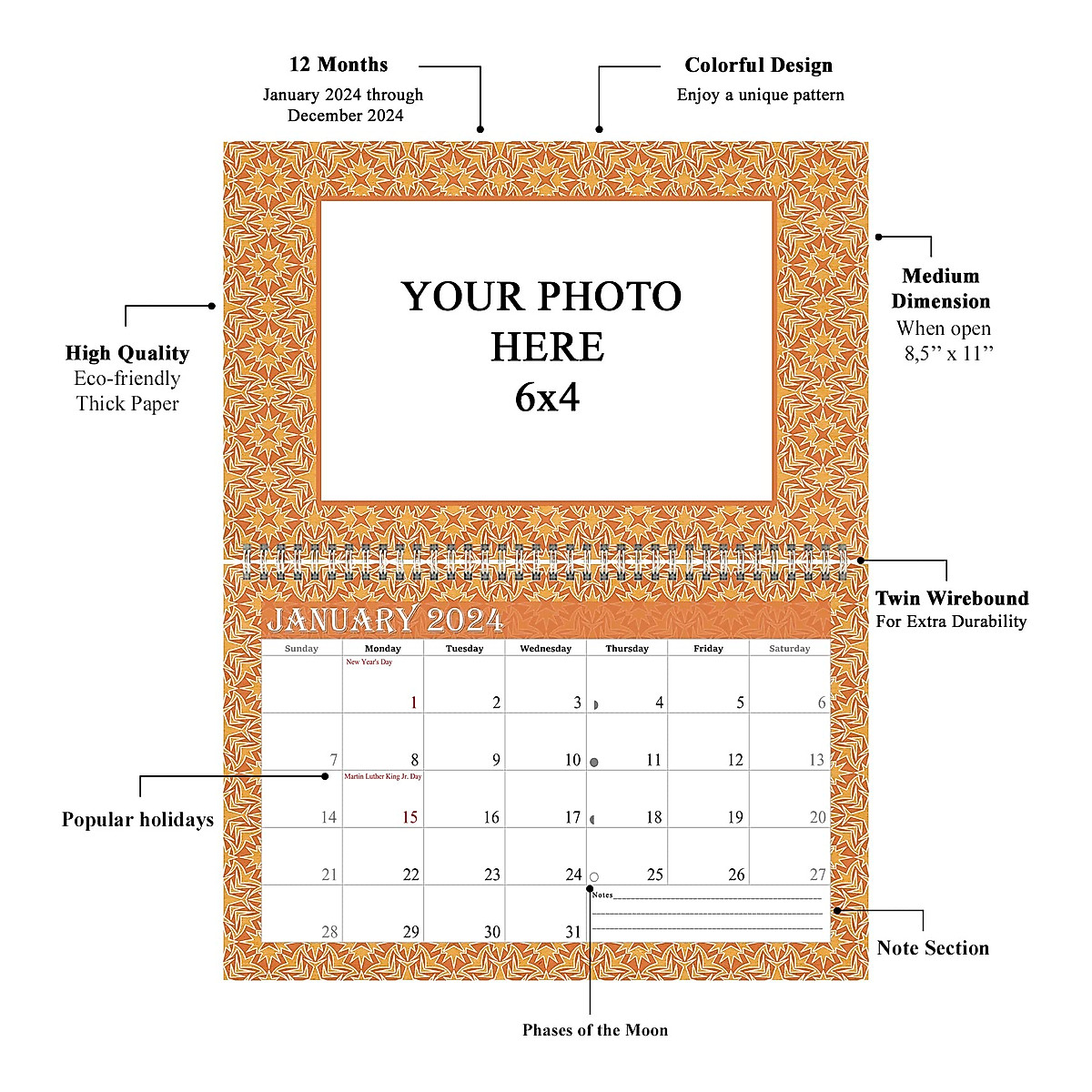 2024 Photo Frame Wall Spiral-bound Calendar (Add Your Own Photos) - 12 Months Desktop/Wall Calendar/Planner - (Edition #09)