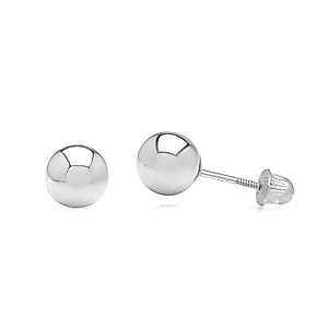 14k White Gold Ball Stud Earrings with Secure and Comfortable Screw Backs (6mm)