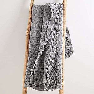 Levtex - Grey Stonewash - Quilted Throw - 50x60in. - Grey with Frayed Ruffle - Reversible Pattern - Cotton Fabric