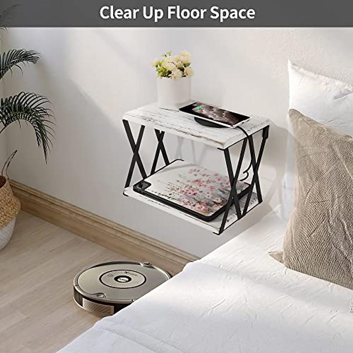 Sapowerntus Floating Nightstand Shelves Wall Mounted, 2 Tier Bedside Table for Bedroom, Rustic White Wood Basket Box Shelf with X Mental Bracket, Small Storage Decor in Bathroom Living Room