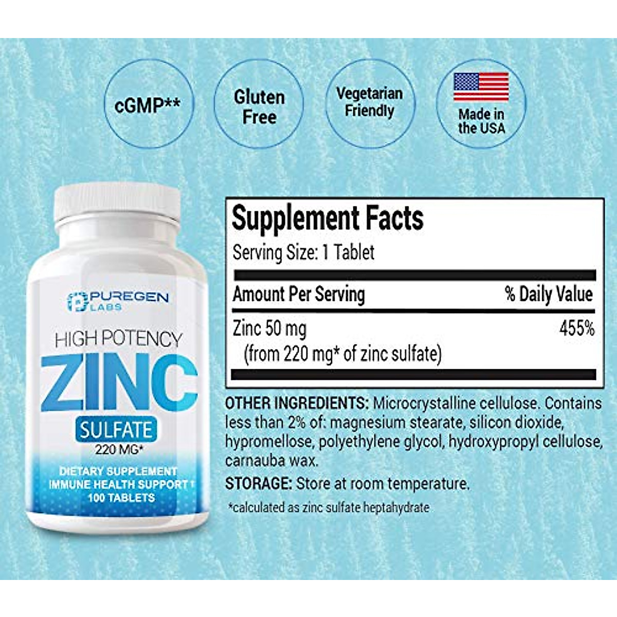 Zinc 220mg [High Potency] Supplement – Zinc Sulfate for Immune Support System 100 Tablets