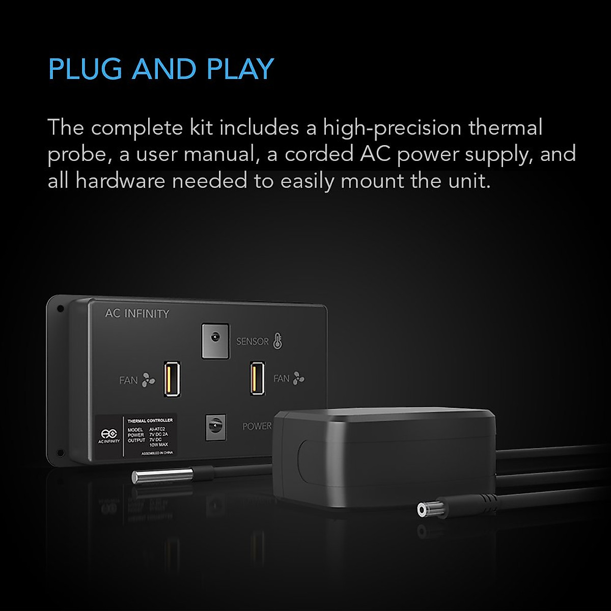 AC Infinity Controller 2, Fan Thermostat and Speed Controller, Controls AIRPLATE, MULTIFAN, USB Fans and Devices, for AV Cabinet Cooling