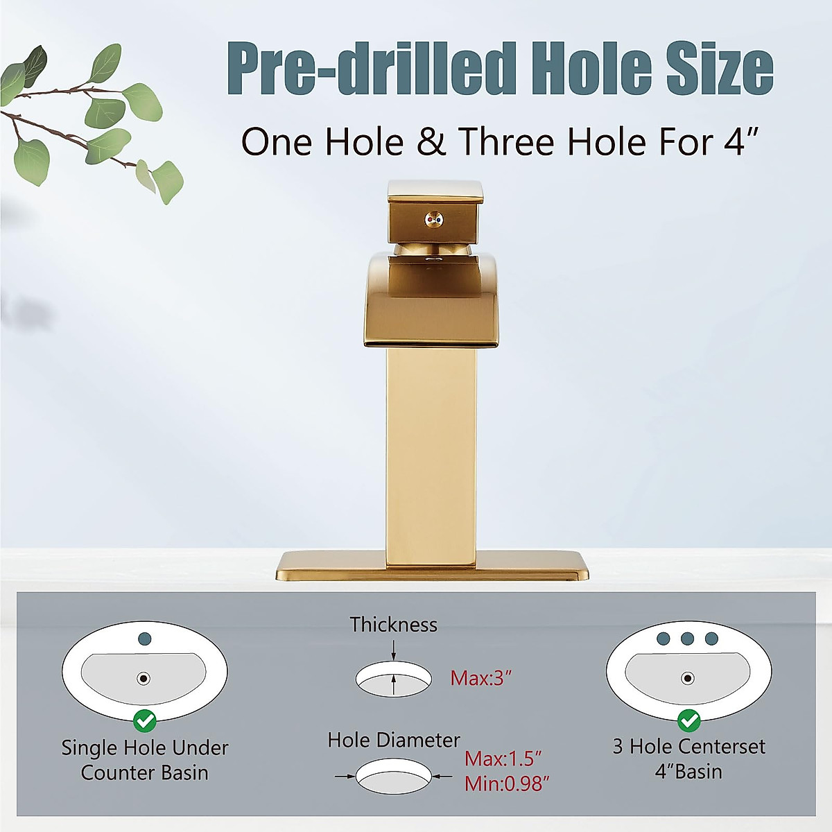 Aolemi Bathroom Faucet Single Handle 1 Hole Deck Mount Lavatory Vanity RV Sink Mixer Basin Tap with Cover Plate and Pop Up Drain Assembly, Brushed Gold, Waterfall Spout