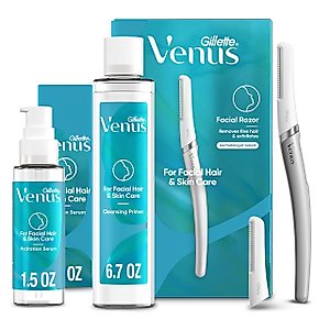 Gillette Venus Facial Razor Dermaplaning Kit, Dermaplaning Tool with 2 Blades, Pre Dermaplane Cleanser and Oil, Post Dermaplane Moisturizer Serum, Eyebrow Razor, Dermaplane Razor for Women Face