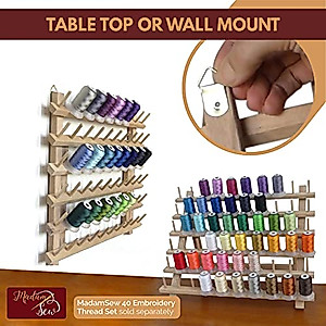 Madam Sew 60-Spool Sewing Thread Rack for Spools of Thread – Free Standing or Wall Mount Embroidery Thread Spool Holder with Attached Eyelets for Sewing Organization and Storage