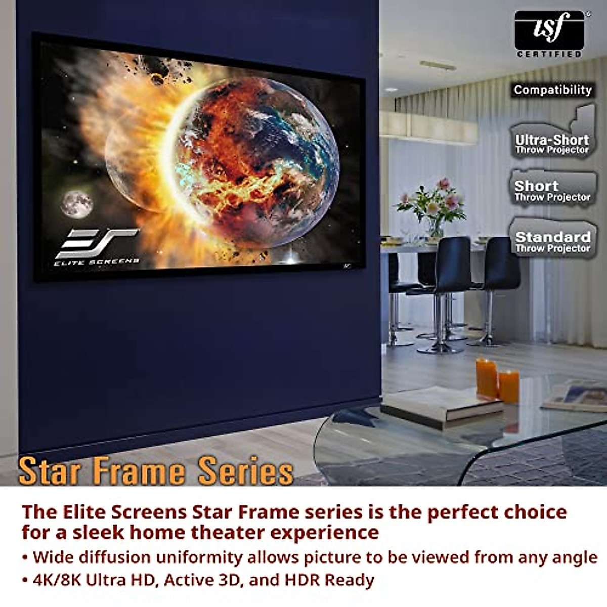 Elite Screens Star Frame Series, 100-INCH 16:9, Fixed Frame Home Movie Theater Projector/Projection Screen, 8K / 4K Ultra HD 3D Ready, SF100HW2