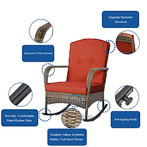 CIRMUBUY 3-Piece Outdoor Furniture Set, Patio Conversation Chair, Wicker Rocking Chair with Side Table for Porch, Garden, Poolside & Deck, Carrot