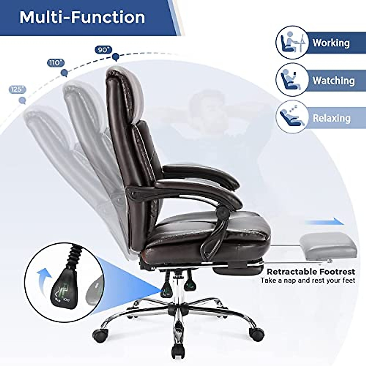 Executive Office Chair, Ergonomic Big and Tall Leather Swivel Rolling Managerial Reclining Computer Desk Task Chair, Adjustable High Back Recliner Chair with Padded Armrests and Retractable Footrest