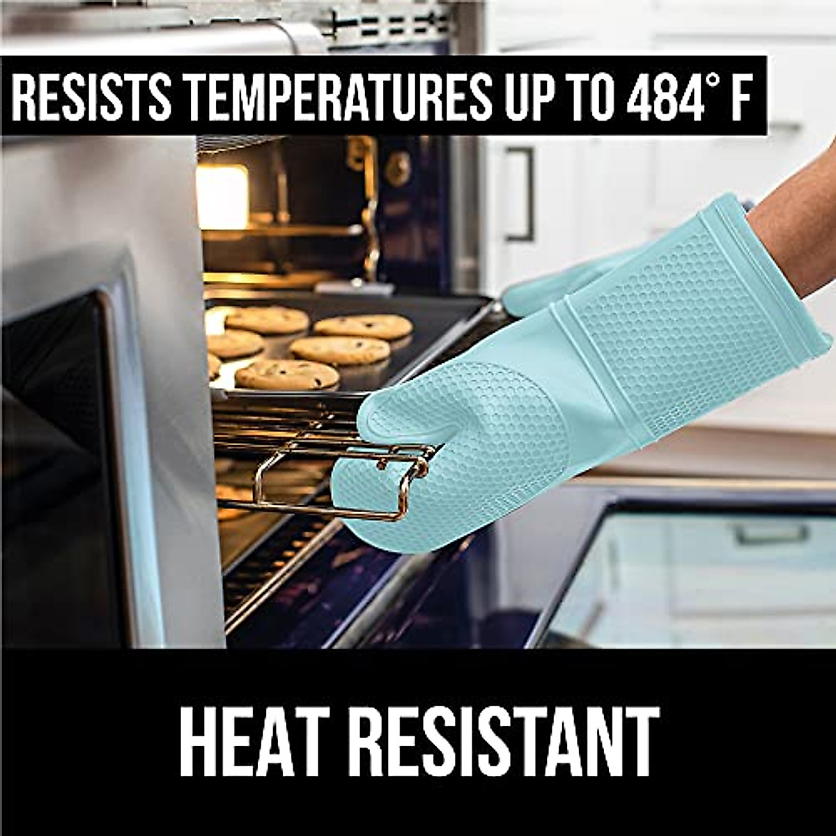 Gorilla Grip Manual Can Opener and Silicone Oven Mitts, Manual Can Opener Includes Built In Bottle Opener, Oven Mitts are 14.5 Inch, Both in Mint Color, 2 Item Bundle