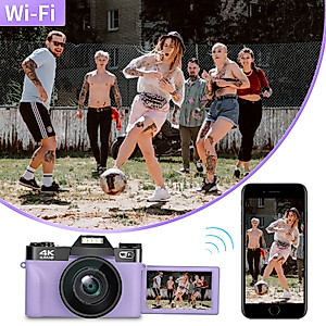 Digital Camera for Photography, 4K 48MP Vlogging Camera for YouTube with WiFi, 3-inch 180-degree Flip Screen, 16X Digital Zoom, 52mm Wide Angle & Macro Lens, 32GB TF Card and 2 Batteries(Purple)