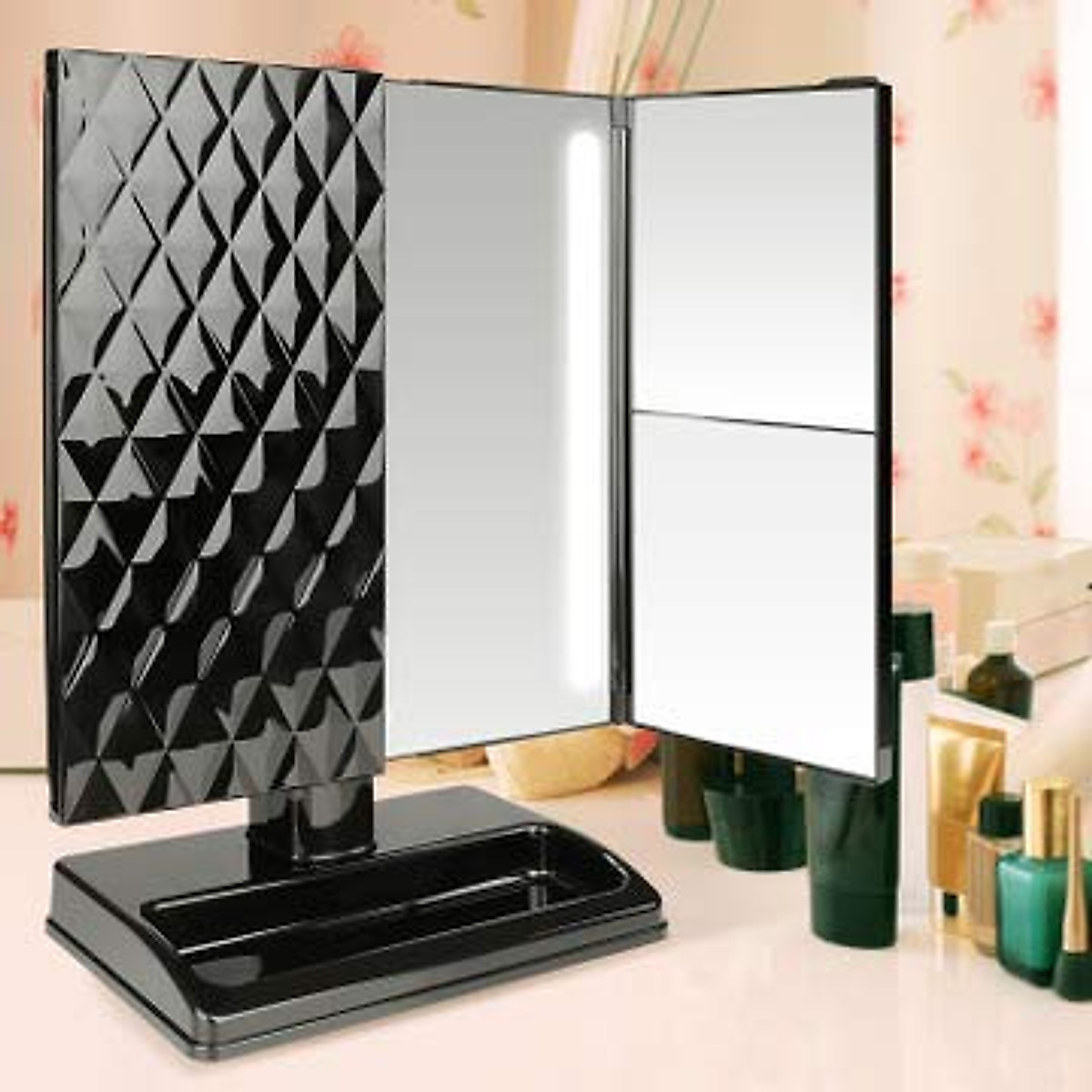 KXA Tri-Fold Makeup Mirror, Light Up Mirror/LED Lighted Make-Up Mirror 2 X 3X Magnifying Illuminated Cosmetic Mirror with LED Lights Desk Free Standing