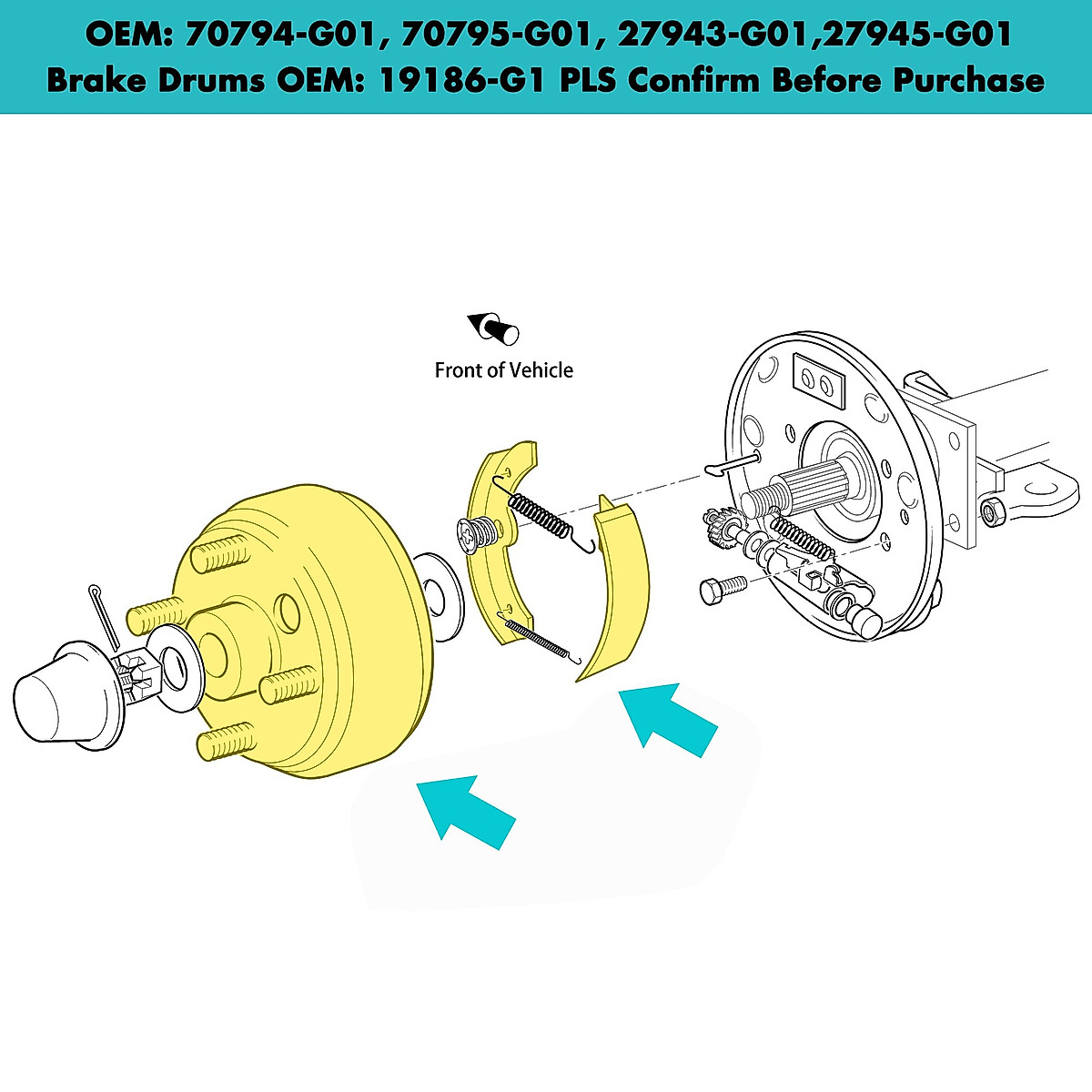 10L0L Golf Cart EZGO Brake Maintenance Kit for 1997-Up Electric EZGO TXT PDS,Incl. Brake Hub Drums & Brake Pads/Shoes, OEM# 19186G1, 70794G01, 70795G01, 27943G01(NOT FIT Gas Models)