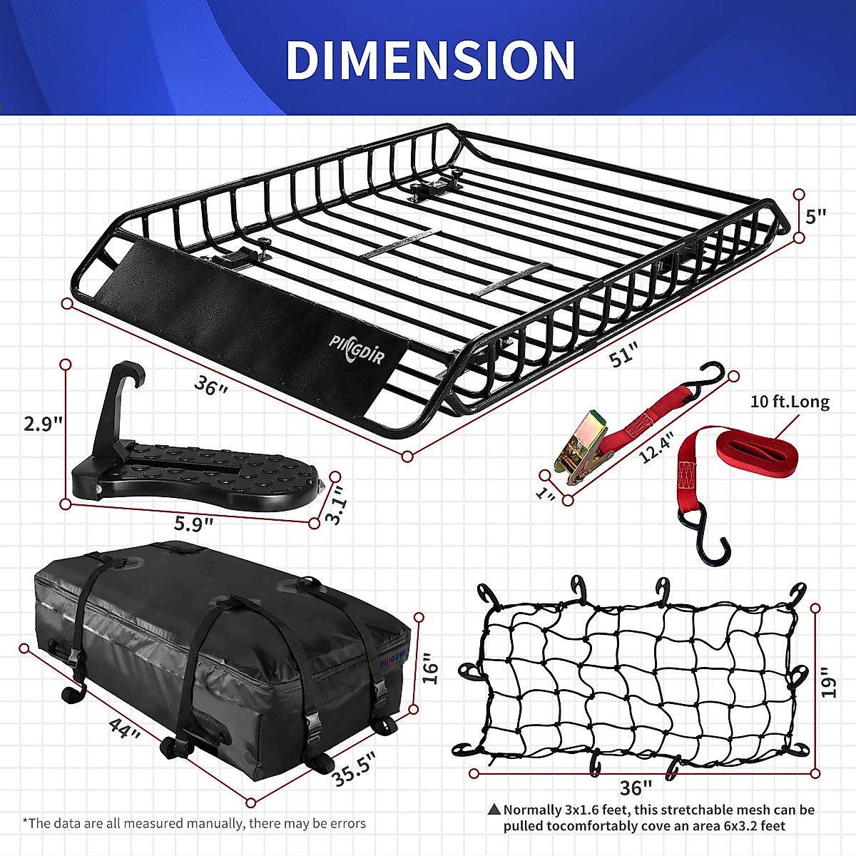 PINGDIR Roof Rack Basket 51" X 36" X 5" Rooftop Rack Cargo Carrier Universal, Waterproof Cargo Bag 44 * 35 * 16", Cargo Net with Attachment Hooks, 2 pcs Ratchet Strap,Roof Pedal