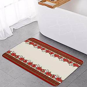 Front Door Mats Outdoor Indoor Kitchen Mat, Christmas Flower Red Green Buffalo Plaid Entrance Doormat Non-Slip Bathroom Rugs Washable Floor Mats for Sink/Porch, 18" x 30"