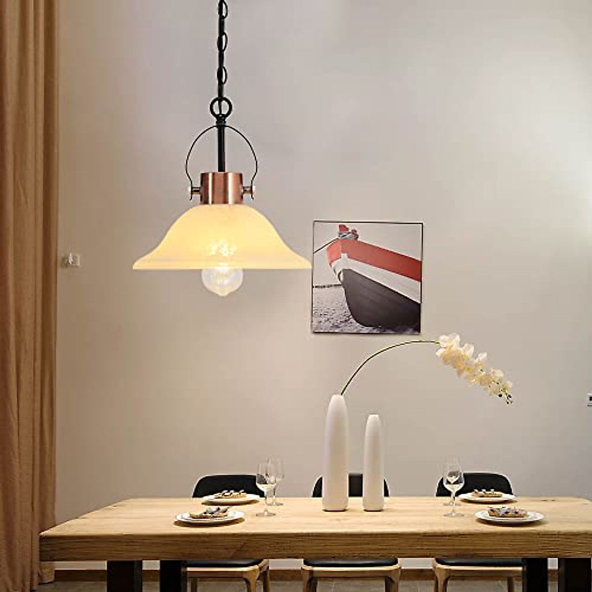 ANYONGLU Traditional Plug-in Pendant Lighting Fixture Amber Alabaster Glass Bowl Shade Antique Industrial Hanging Lamp for Kitchen Dining Room