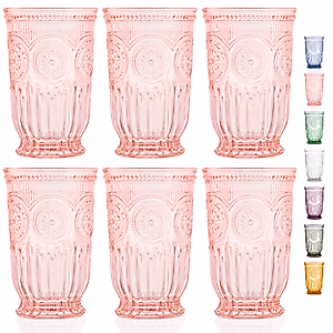 Pink Glassware Bundle - Vintage Glassware Collection for Party - Wine Glasses Set of Pink Goblets and 6 Pink Tall Tumblers - Matching Pink Drinking Glasses with Sunflower Emboss Design