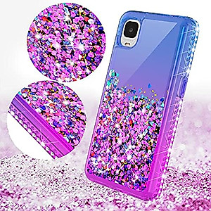 Galaxy Wireless Liquid Glitter Phone Case for TCL ION Z/TCL A3 A509DL/TCL A30 /T501/T501C Case w[Tempered Glass Screen Protector] Bling Diamond Girls Women - Purple/Blue