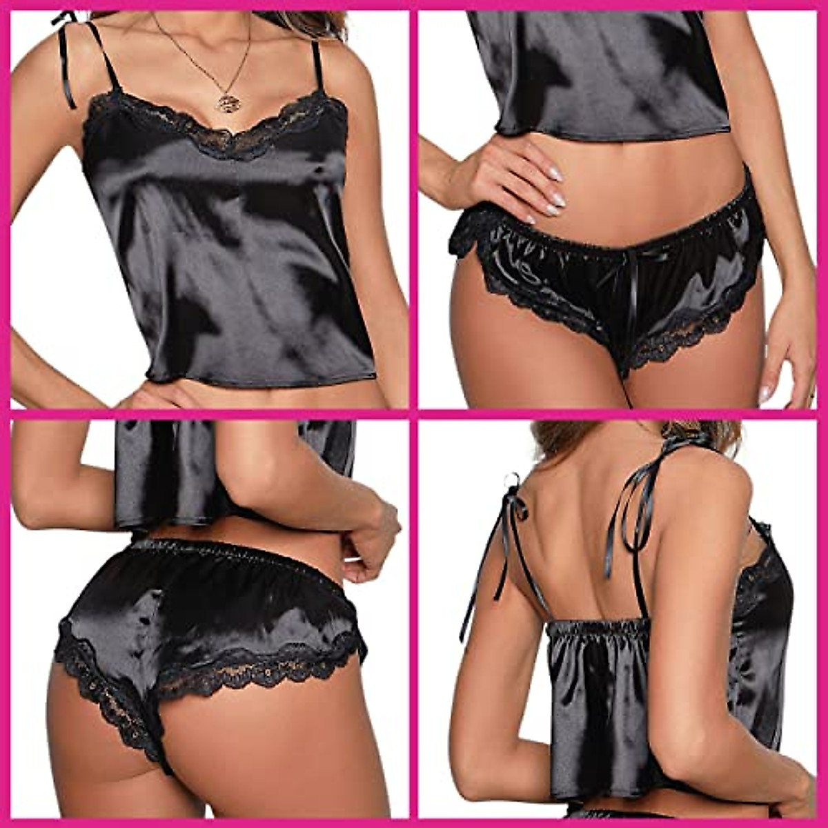 Besame Babydoll Women Sexy Lingerie Shiny Satin Lace Sleepwear Set (Black - XLarge)