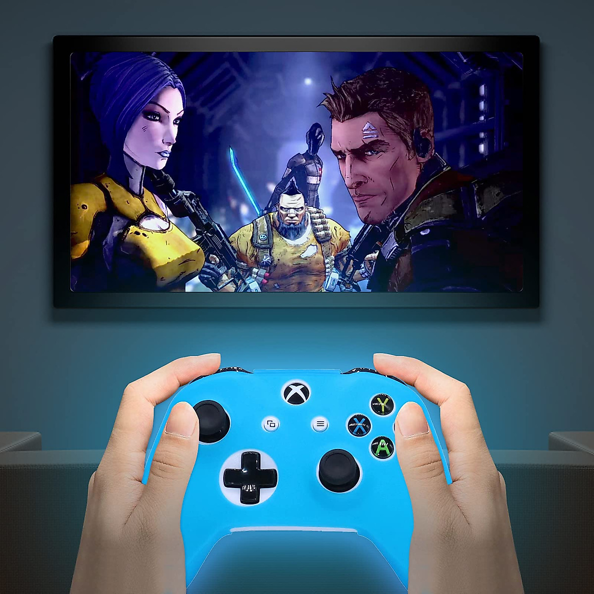 HLRAO Blue Silicone Cover Skin for Xbox One S/X Controller Glow in The Dark Anti-Slip Soft Rubber Case Protector Accessories Set with 8 Glow in The Dark Thumb Grips Caps + 2 Cute Cat Paw Caps.