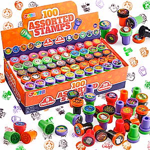 JOYIN 100 Pieces Halloween Assorted Stampers Kids Self-Ink Stamps (25 Designs, 5 Colors Trick or Treat Spooky Stamps) for Halloween Party Supplies, Goodies Bags, Classroom Game Reward Prizes