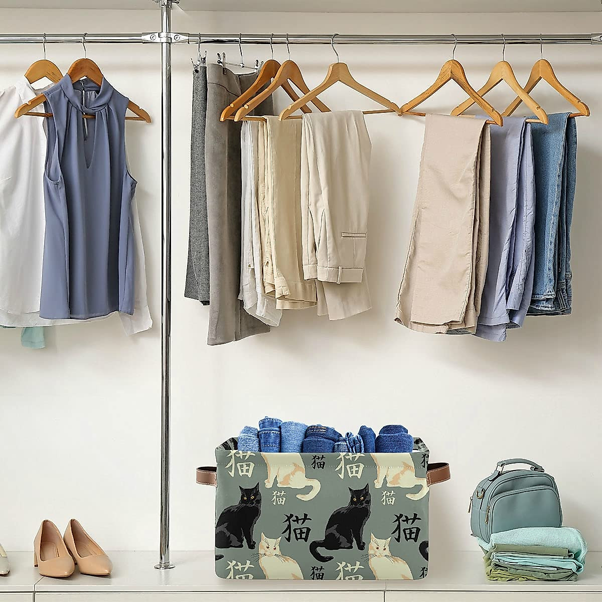 TropicalLife Funny Cats Asian Chinese Letter Storage Bin with Handle Collapsible Canvas Storage Basket Bag Cube Organizer for Bedroom Home Office Closet Shelve Clothes Toy,2PCS