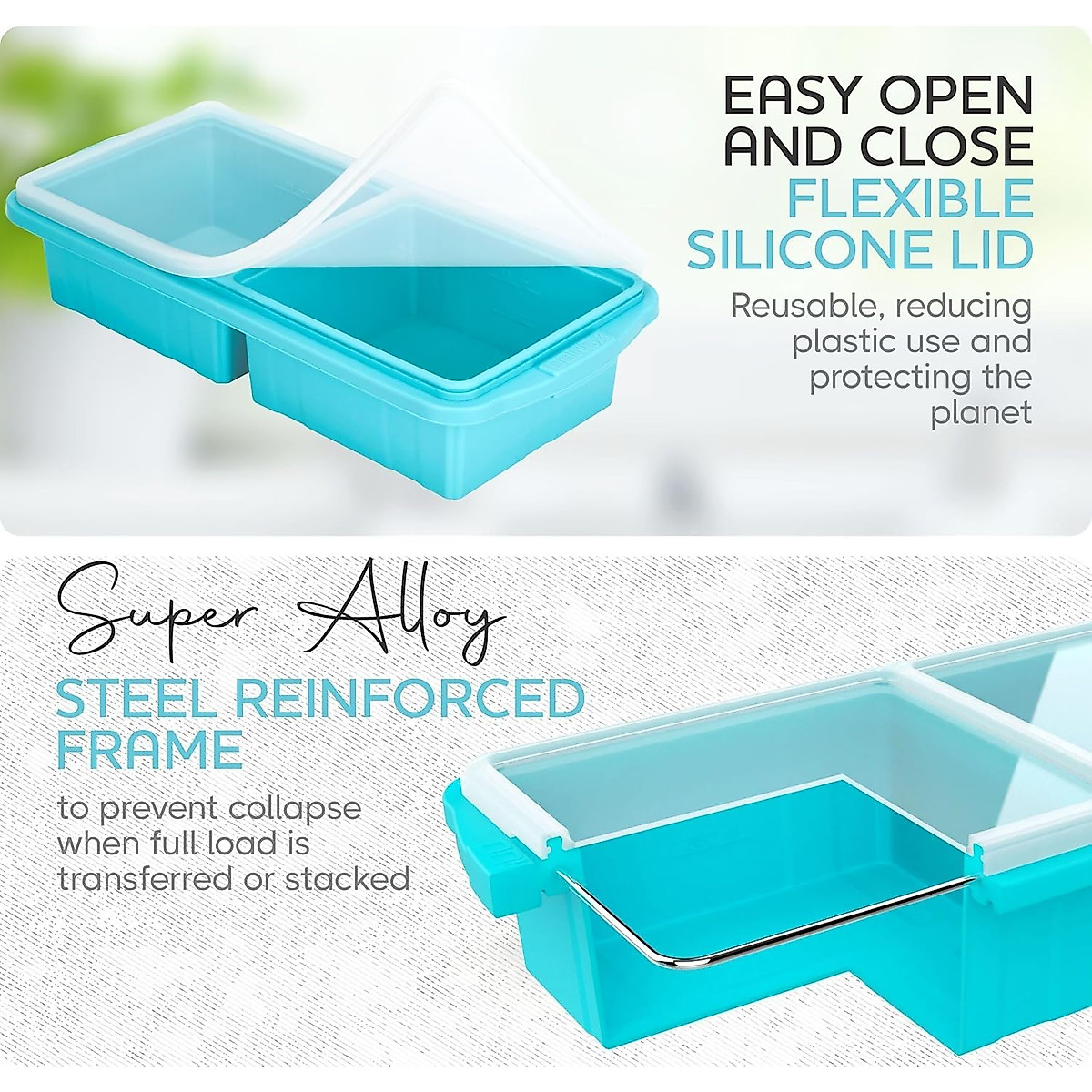 XOMOO Silicone Freezer Tray With Lid-Soup Freezer Container molds-2-cup Extra Large Ice Cube Tray-makes 4 perfect 500ml portions cubes, For freezing soup,stews,sauces.Oven&Dishwasher-Safe(2-Pack)