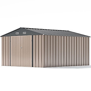 Patiolife 10x12 FT Metal Outdoor Storage Shed, All-Weather Garden Tool Shed with Lockable Door & Sloping Roof, for Backyard and Garden Patio, Brown