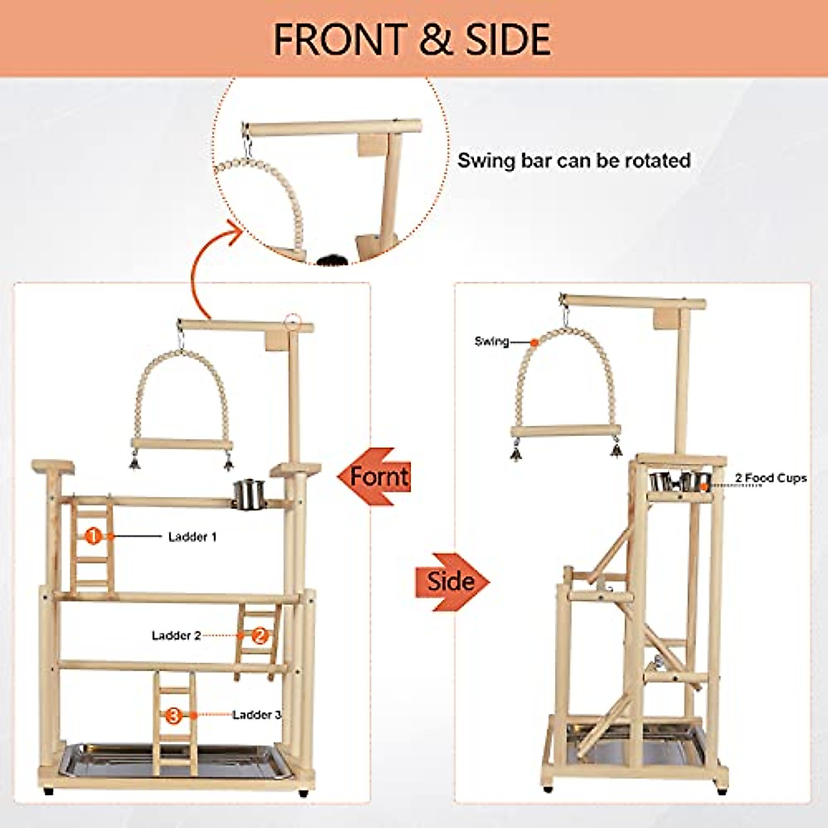 Edudif 3 Layers Wood Bird Playground Large Parrot Playstand Bird Perch Stand Bird Gym Playground Playpen for Cockatiel Parakeet Parrot (with Installation Notes)