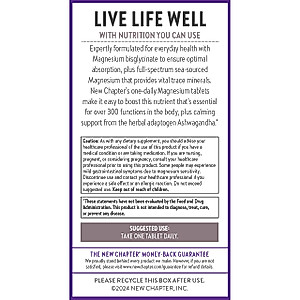 New Chapter Magnesium + Ashwagandha Supplement, 325 mg with Magnesium Glycinate, 2.5x Absorption, Muscle Recovery, Heart & Bone Health, Calm & Relaxation, Gluten Free, Non-GMO - 60 ct (2 Month Supply)